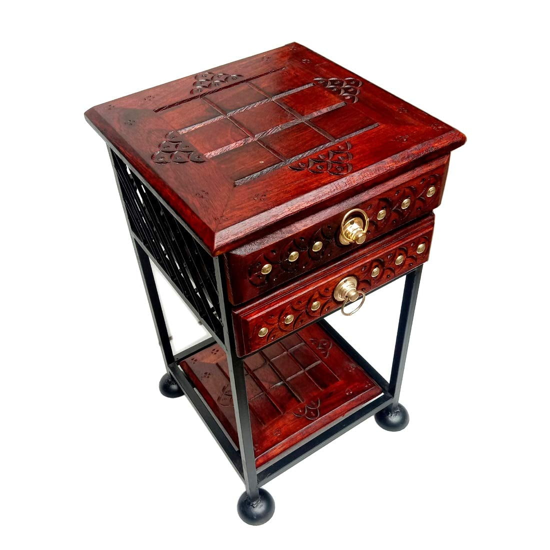 RRA Metal Frame Wooden Bedside Table Sofa Side end Table Wood Carving ...