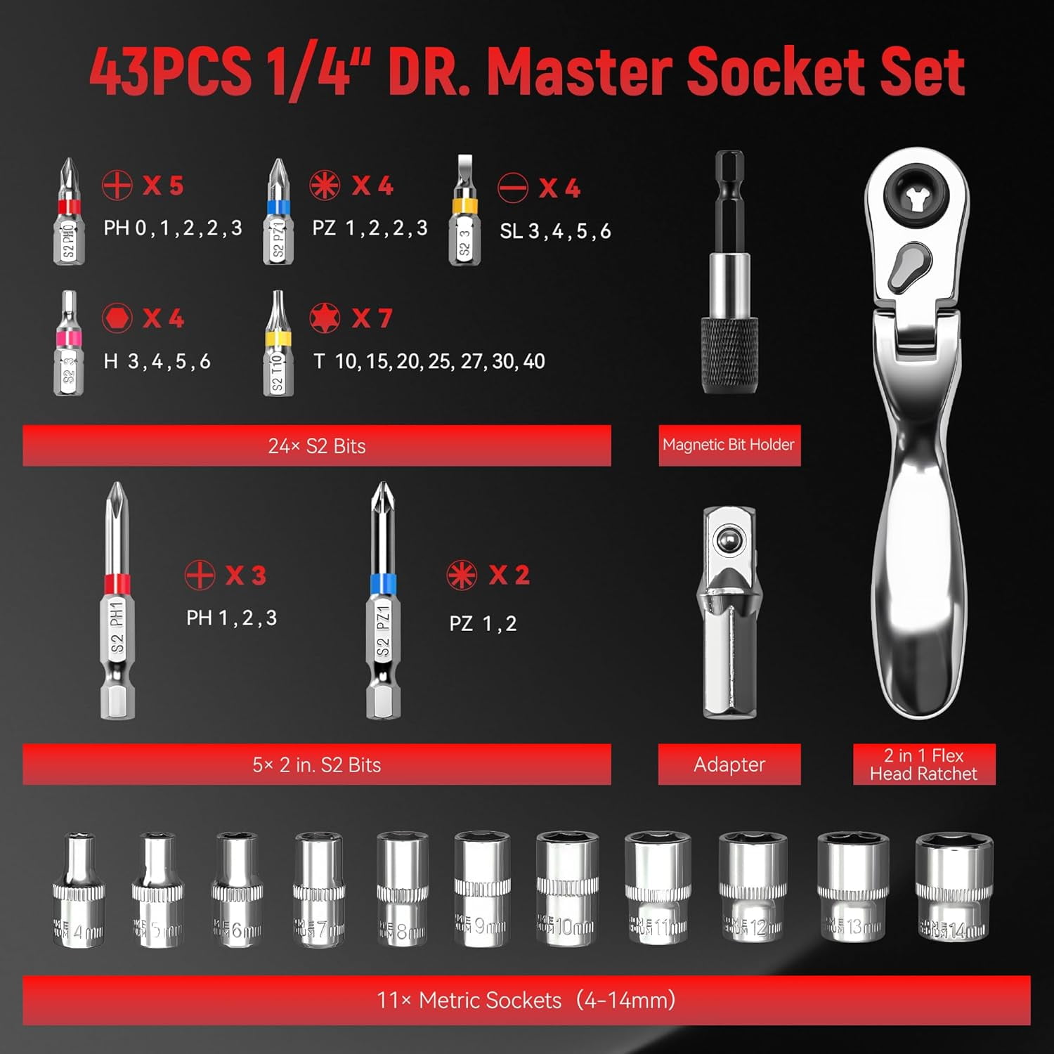 RRDWQ-1/4" Socket Set, 43pcs Mini Ratchet Set, Metric Socket Wrench Set ...
