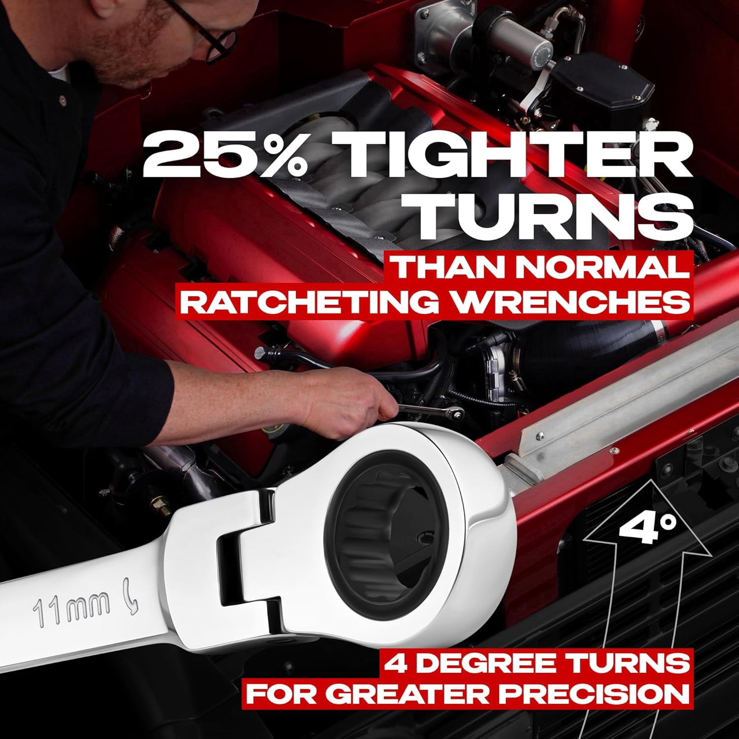 RRDWQ-11 mm Flex Head TIGHTSPOT Ratchet Wrench, 4 Degree Swing arc, 12 ...