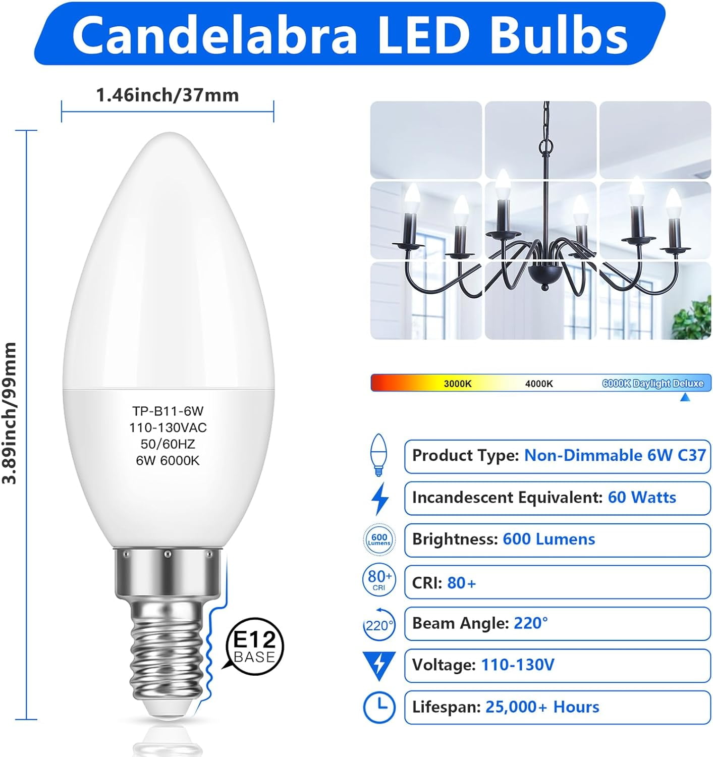 RRDWQ-12-Pack E12 Candelabra LED Bulbs 60W Equivalent, 6W 600 LM ...