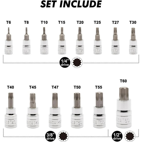 RRDWQ-14-Piece 1/4-Inch, 3/8-Inch & 1/2-Inch Drive Torx Bit Socket Set ...