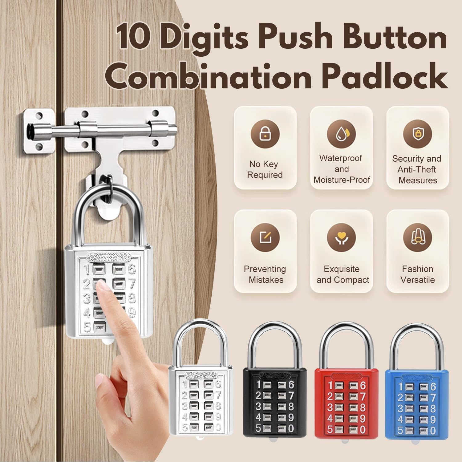 RRDWQ-1Pcs 10-Digit Combination Padlock Push Button Lock for Locker Gym ...