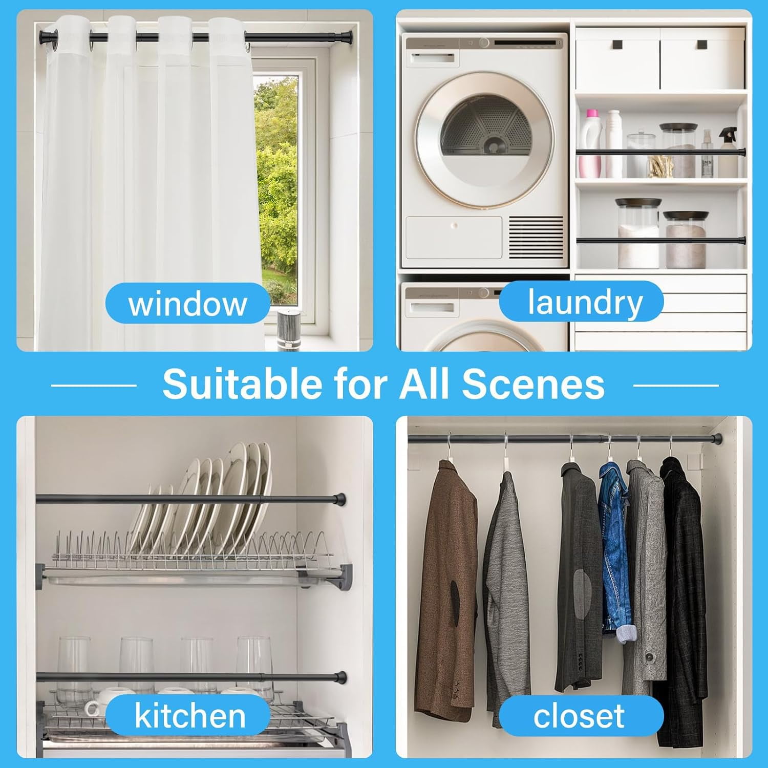 RRDWQ-1pack Spring Tension Rods 23-46 Inch Adjustable Black Tension Rod ...