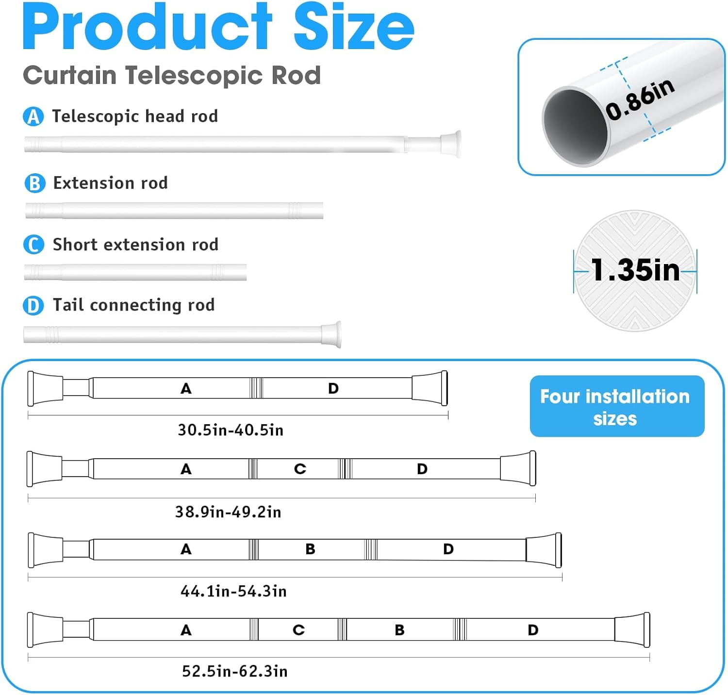 RRDWQ-2Pack White Tension Curtain Rods 31 to 62 Inch Small Curtain Rods ...