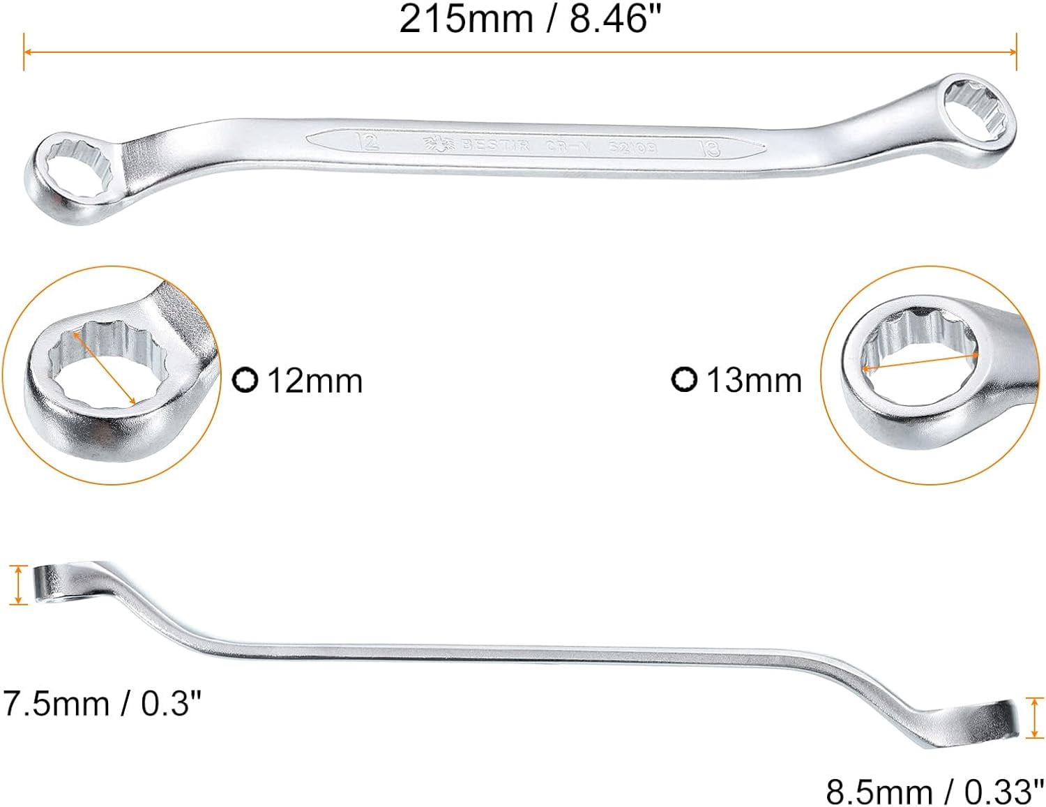 RRDWQ-2pcs 45-Degree Offset Box End Wrench 12mm x 13mm 12 Point Metric ...