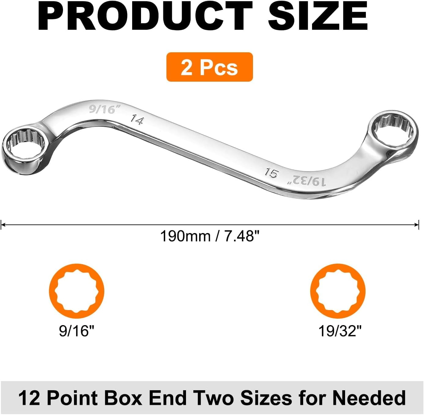 RRDWQ-2pcs 9/16" x 19/32" 12-Point S-Style Box Wrench Double End S ...
