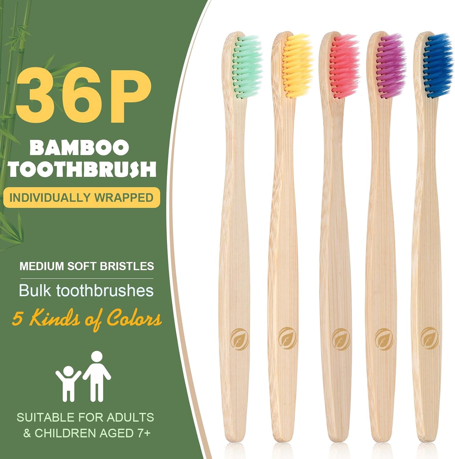 RRDWQ-36 PCS Bamboo Toothbrushes, Kids Aged 7+ Toothbrush Pack, Eco ...
