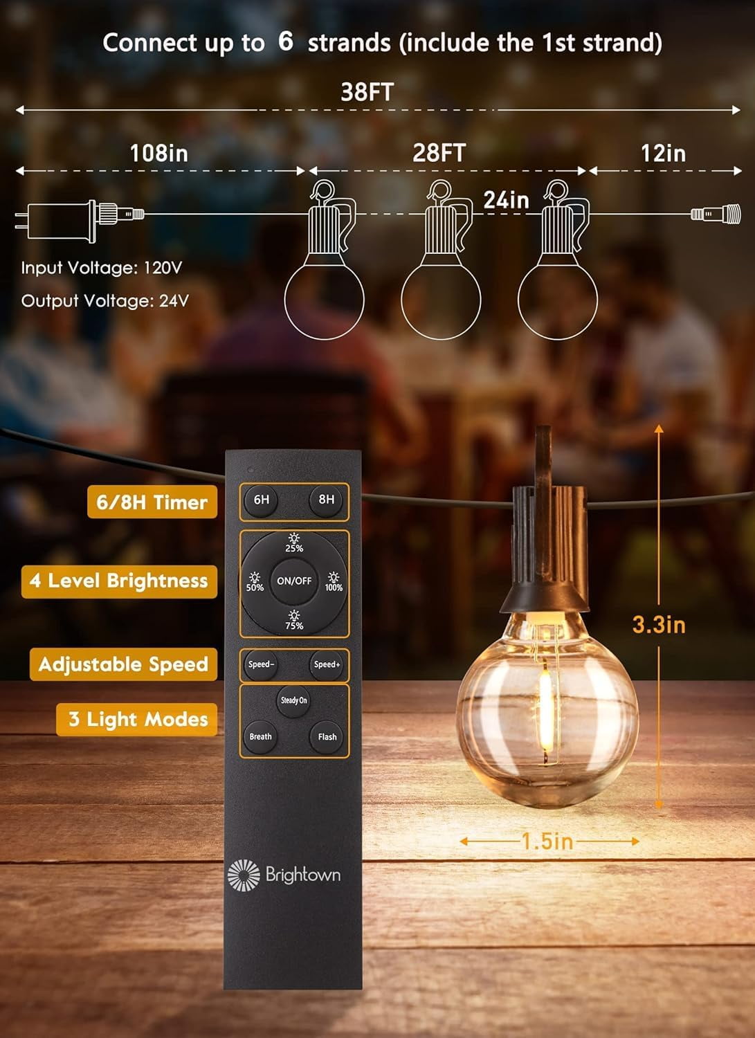 RRDWQ-38Ft Outdoor String Lights with Remote & 15 Shatterproof LED ...