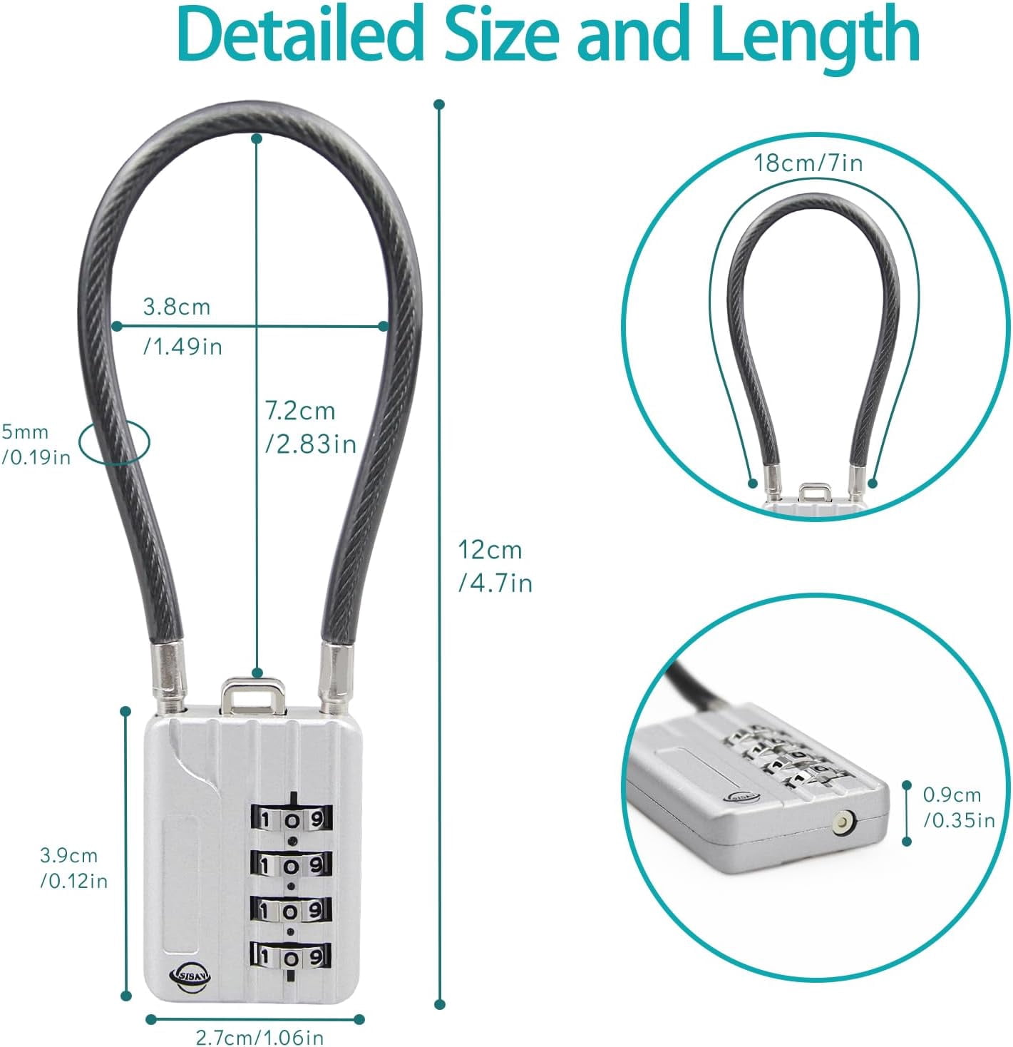 RRDWQ-4 Digit Cable Combination Lock 7.1 inches Bold Cable for School ...