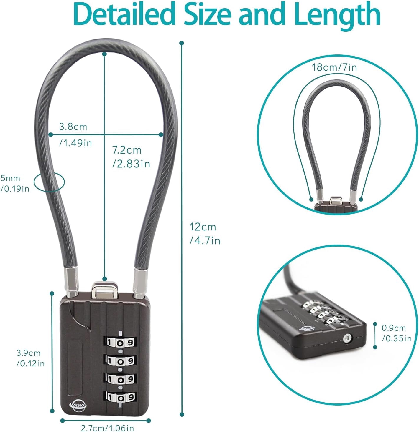 RRDWQ-4 Digit Cable Combination Locks 7.1 inches Bold Cable for School ...