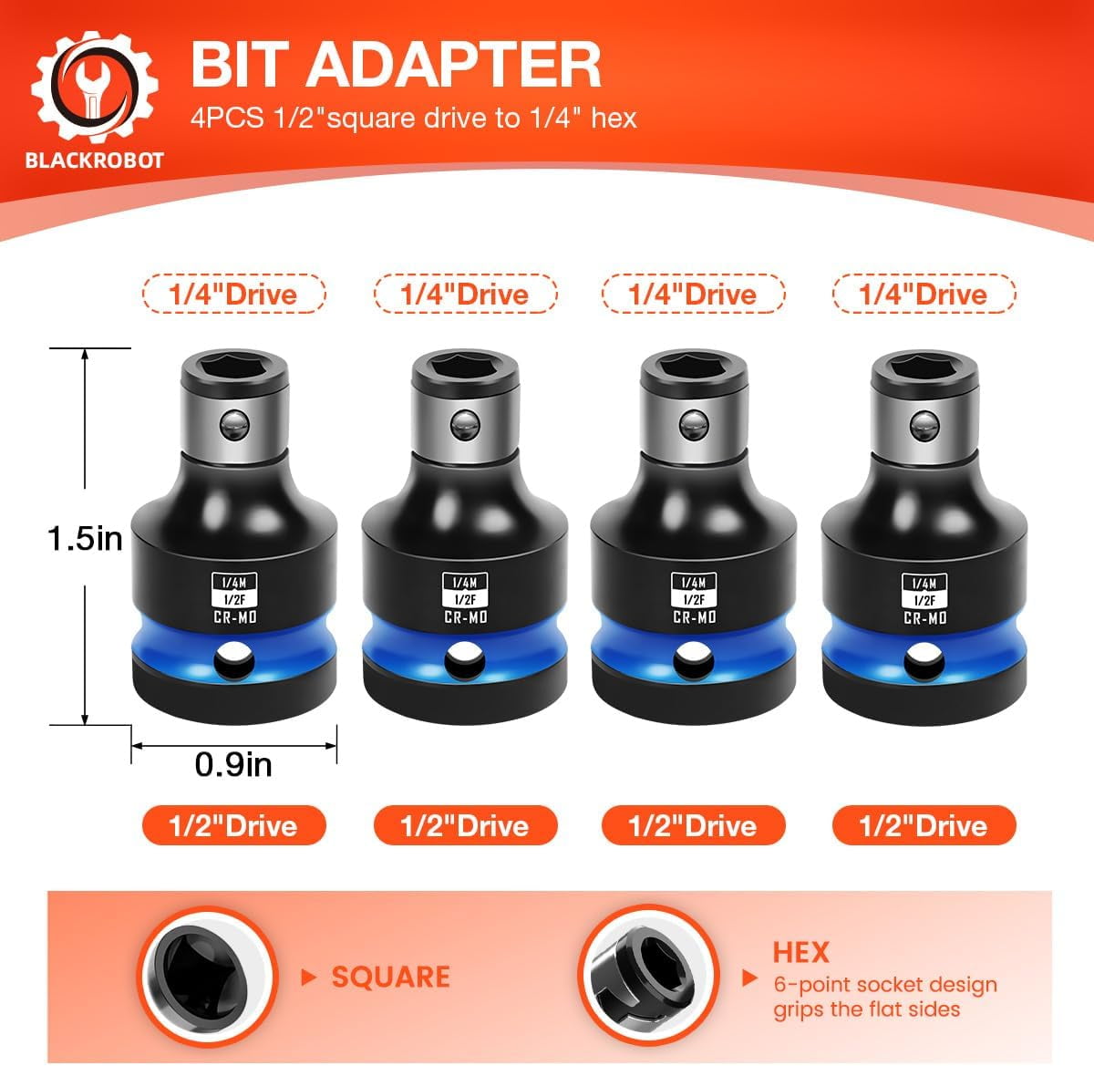 RRDWQ-4PCS Impact Bit Holders 1/2 Square Drive to 1/4 Hex Bit Socket ...
