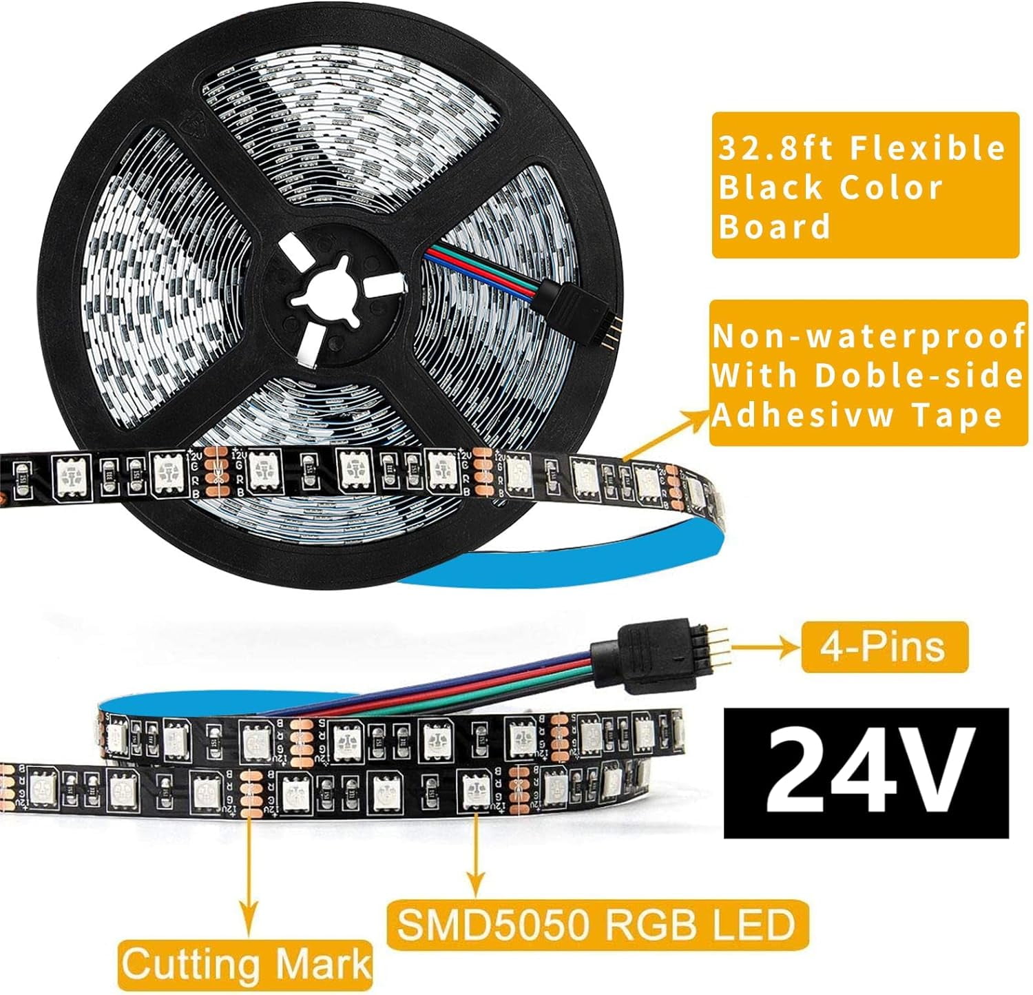 RRDWQ-5050 RGB LED Strip Lights-32.8ft 600 LEDs, DC 24V Color Changing ...