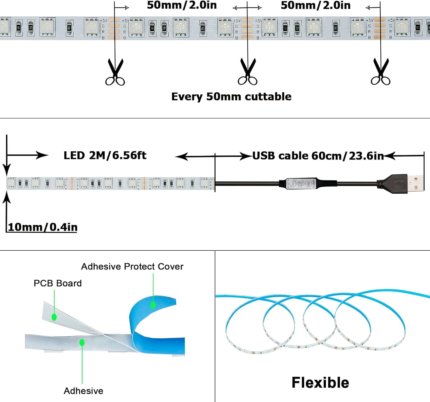 RRDWQ-5V USB RGB LED Strip Light USB Powered 13.2ft/4M (2pcs x 6.6ft ...