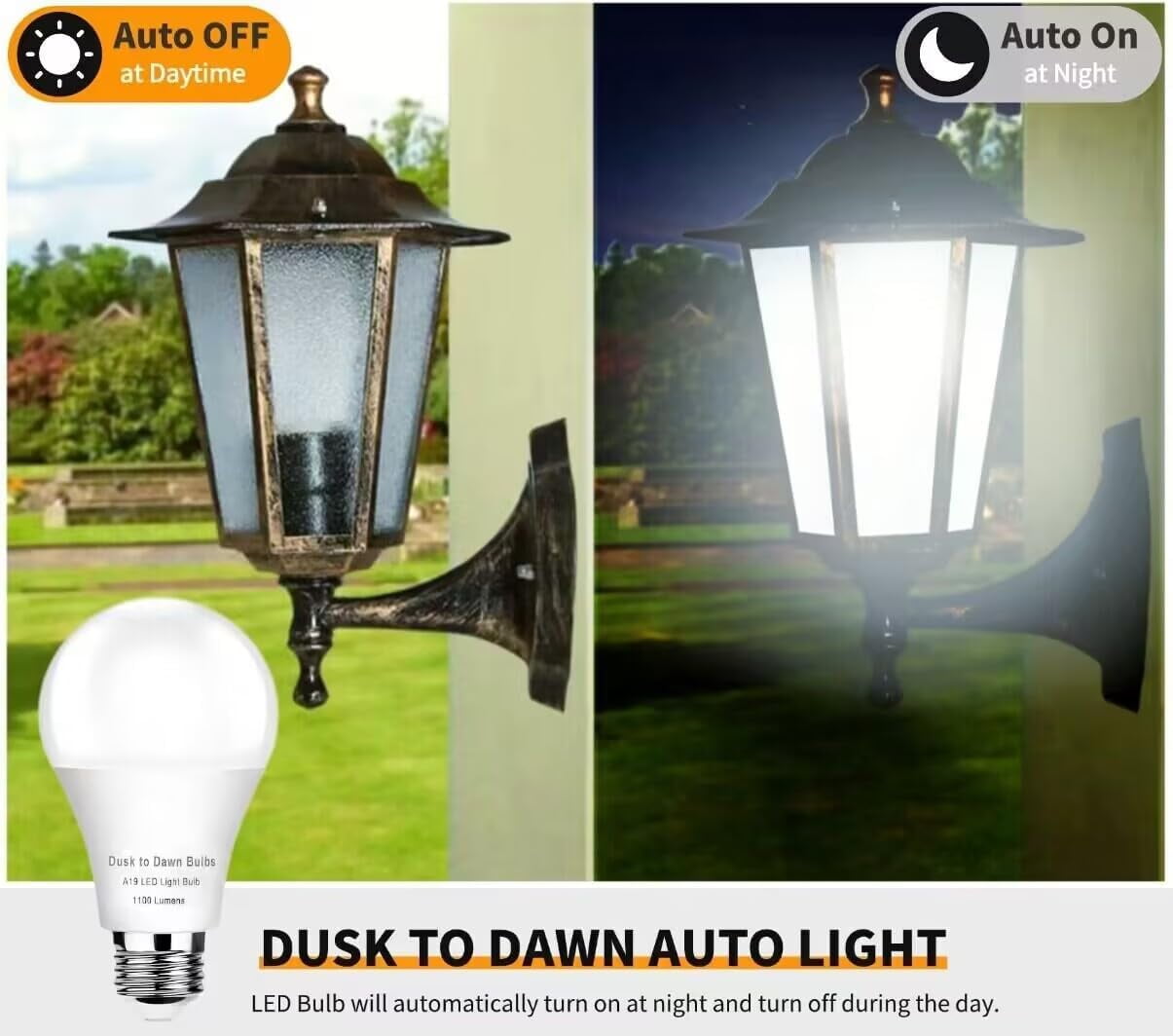 RRDWQ-6 Pack Dusk to Dawn Light Bulbs Outdoor, Sensor A19 LED Light ...