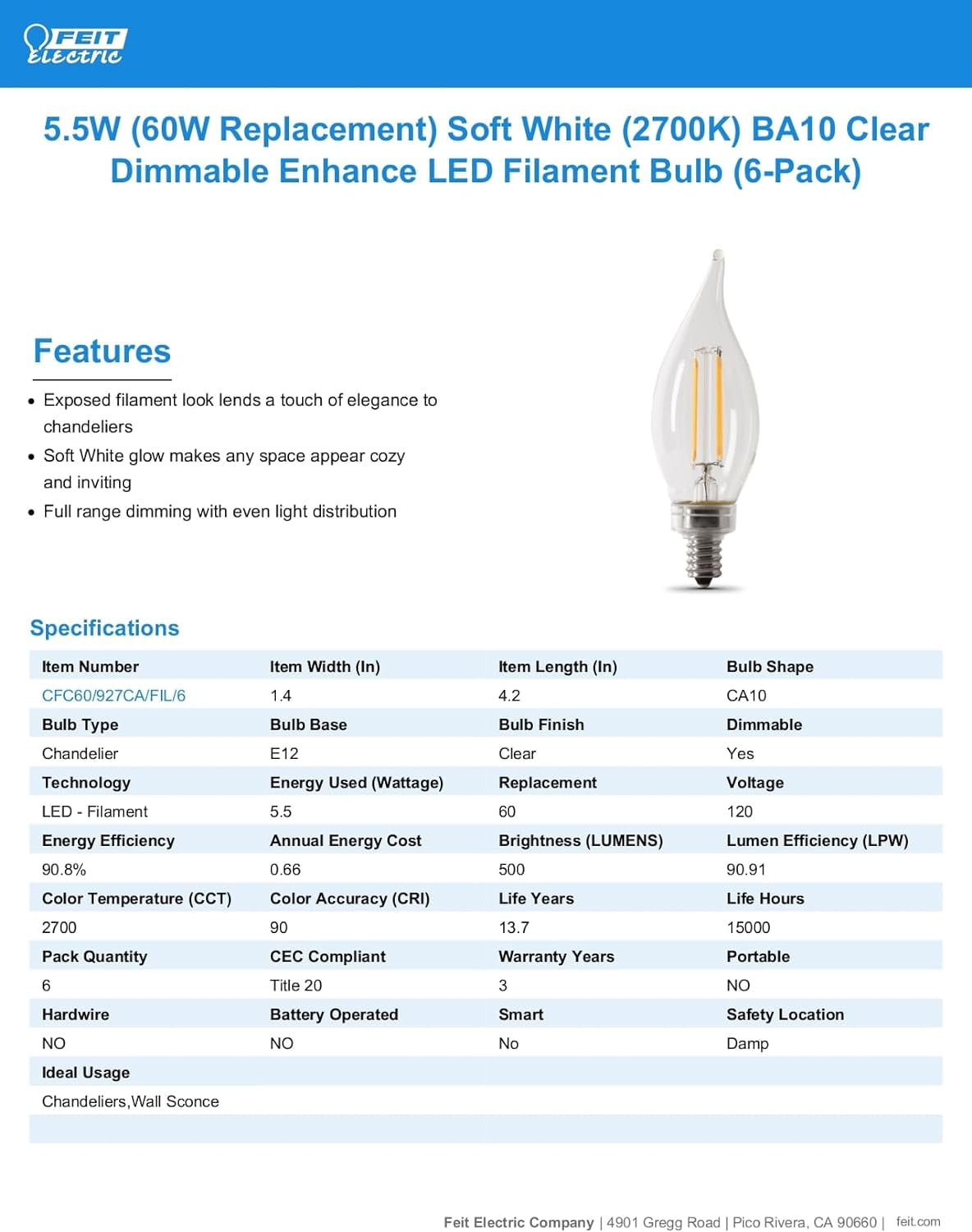 RRDWQ-60-Watt Equivalent BA10 LED Light Bulb, Dimmable Enhance Glass ...