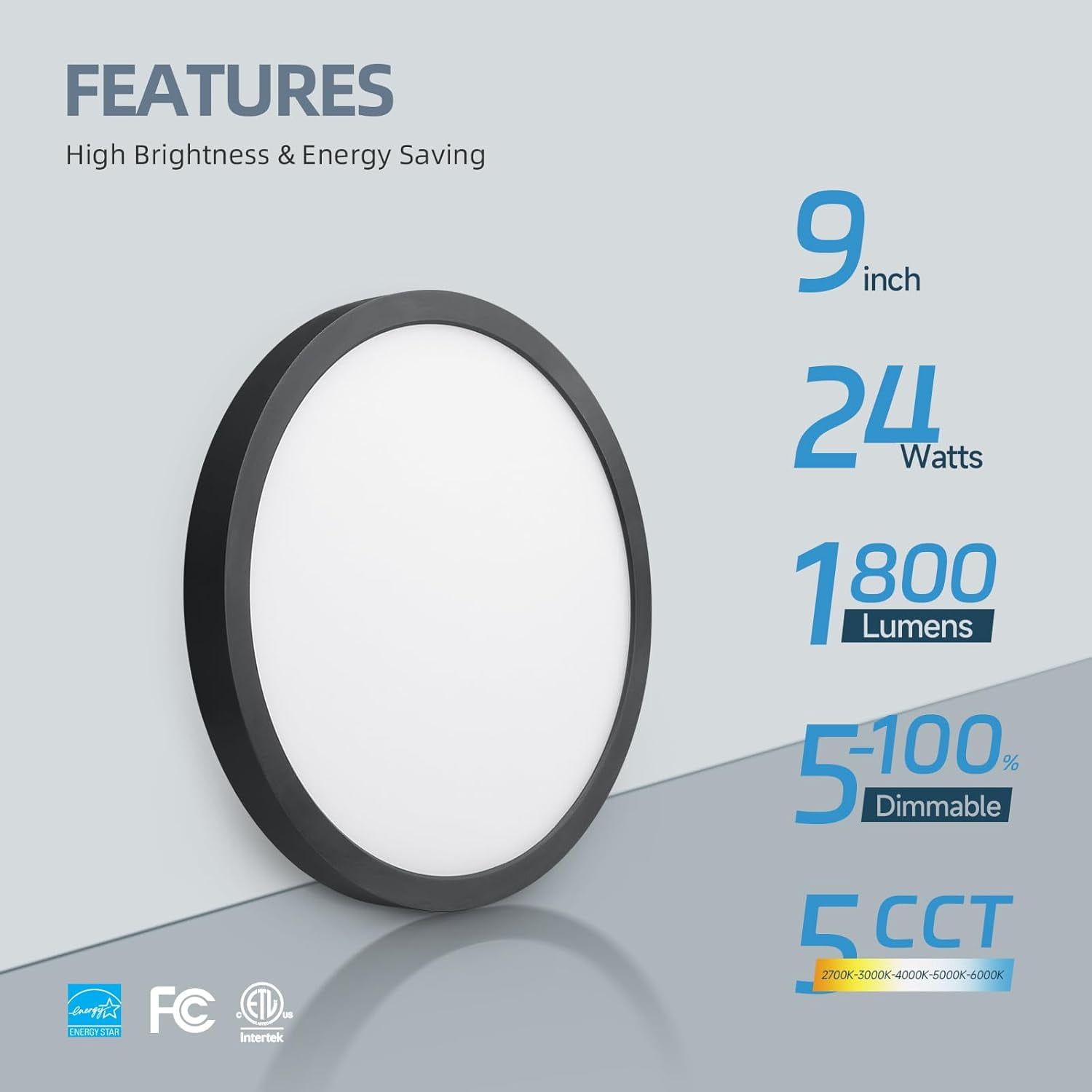 RRDWQ-9" Black LED Flush Mount Ceiling Light, Dimmable 5CCT Selectable Round Flat Panel Light ...