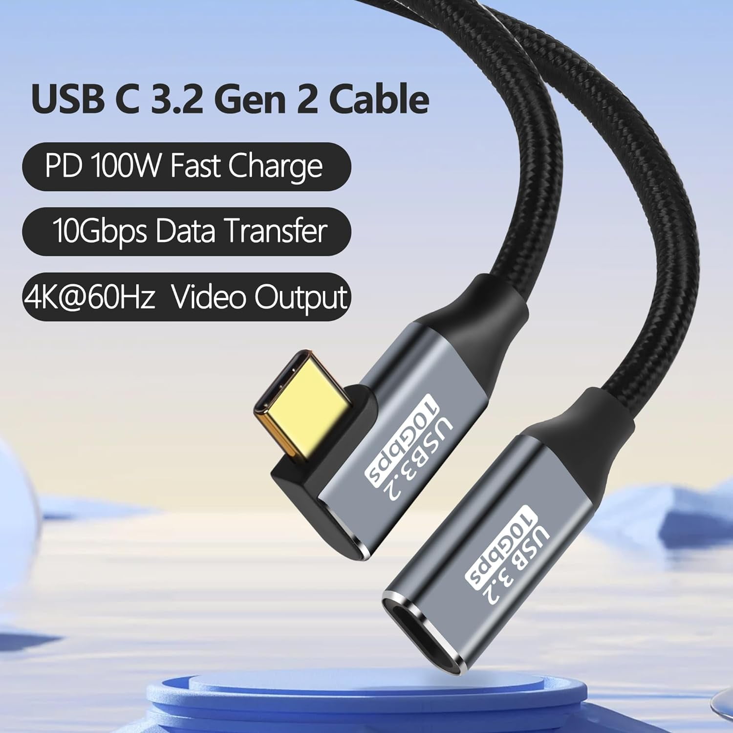 RRDWQ-90 Degree Elbow USB C Extension Cable, 10Gbps USB3.2 Gen2 Cable ...