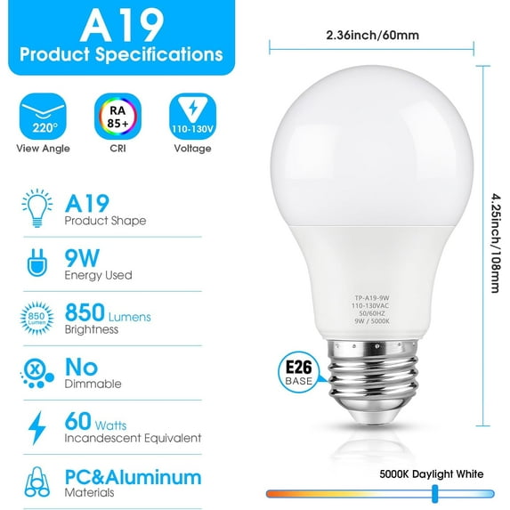 RRDWQ-A19 LED Light Bulb, 60 Watt Equivalent LED Bulb, Daylight White 5000K, 850 Lumen, E26 Base ...