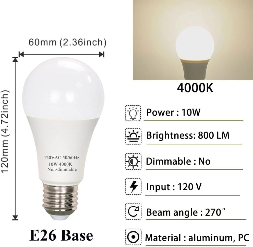 RRDWQ-A19 LED Light Bulbs 4000K Neutral White 60 Watt Equivalent, Enery ...