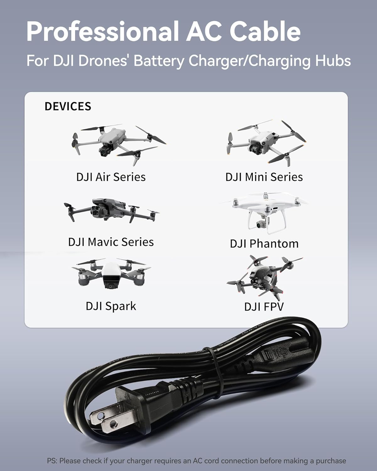 RRDWQ-AC Power Cord US Plug 2 Prong AC Cable (NA) for DJI Mini/Air ...