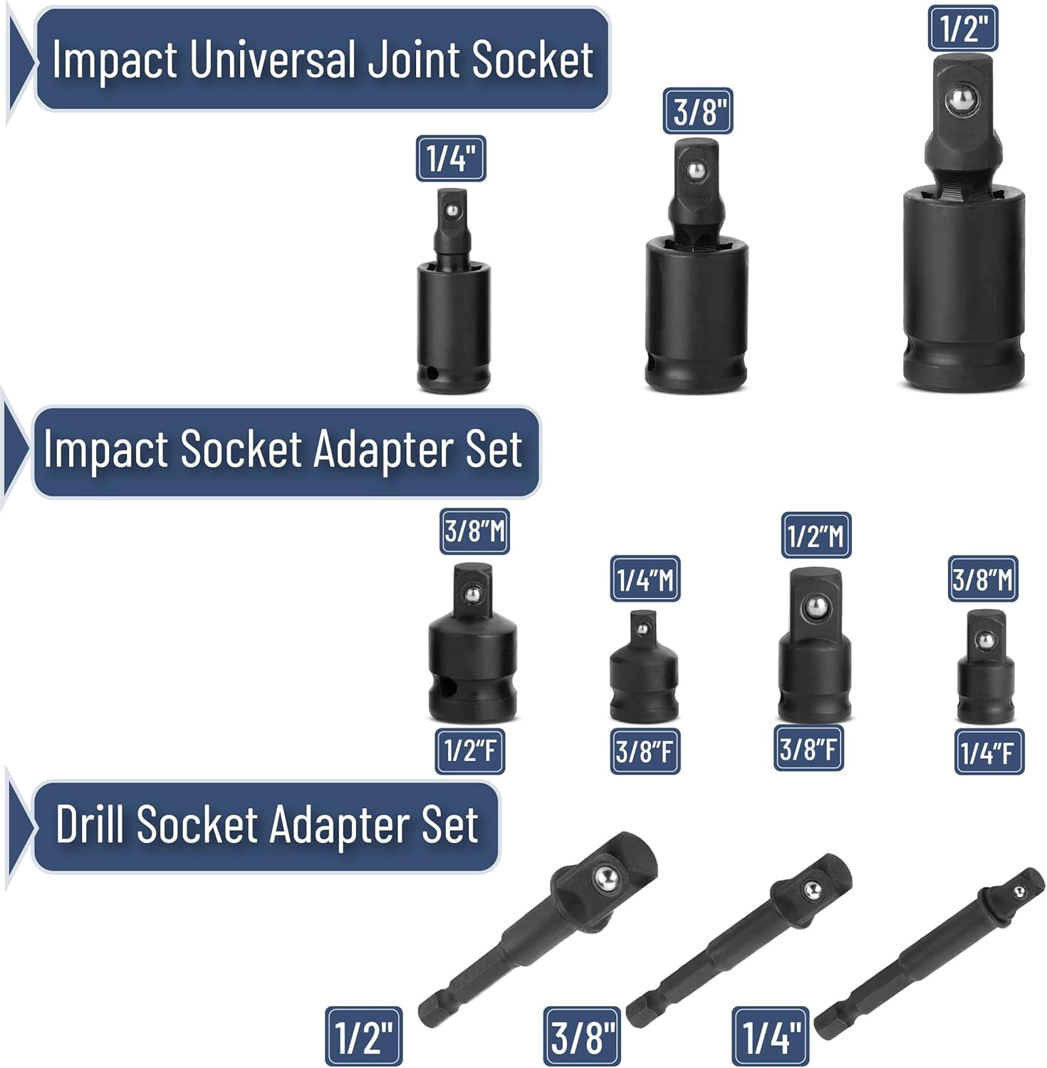 RRDWQ-Bates- Impact Socket Adapter and Reducer Set, 10 pcs, 1/4" 3/8" 1 ...