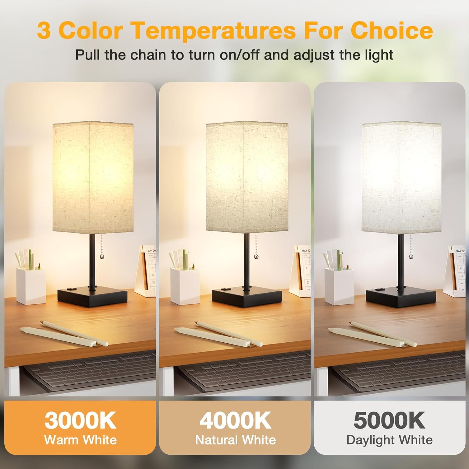 RRDWQ-Beige Table Lamp for Bedroom - 3 Color Temperature 3000K 5000K ...