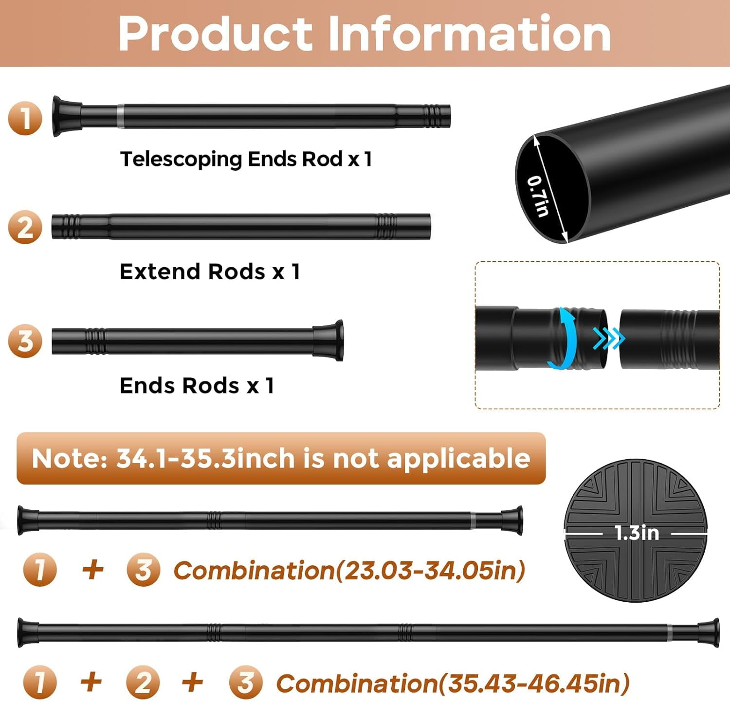 RRDWQ-Black Spring Tension Curtain Rods 23-46 Inch Adjustable ...