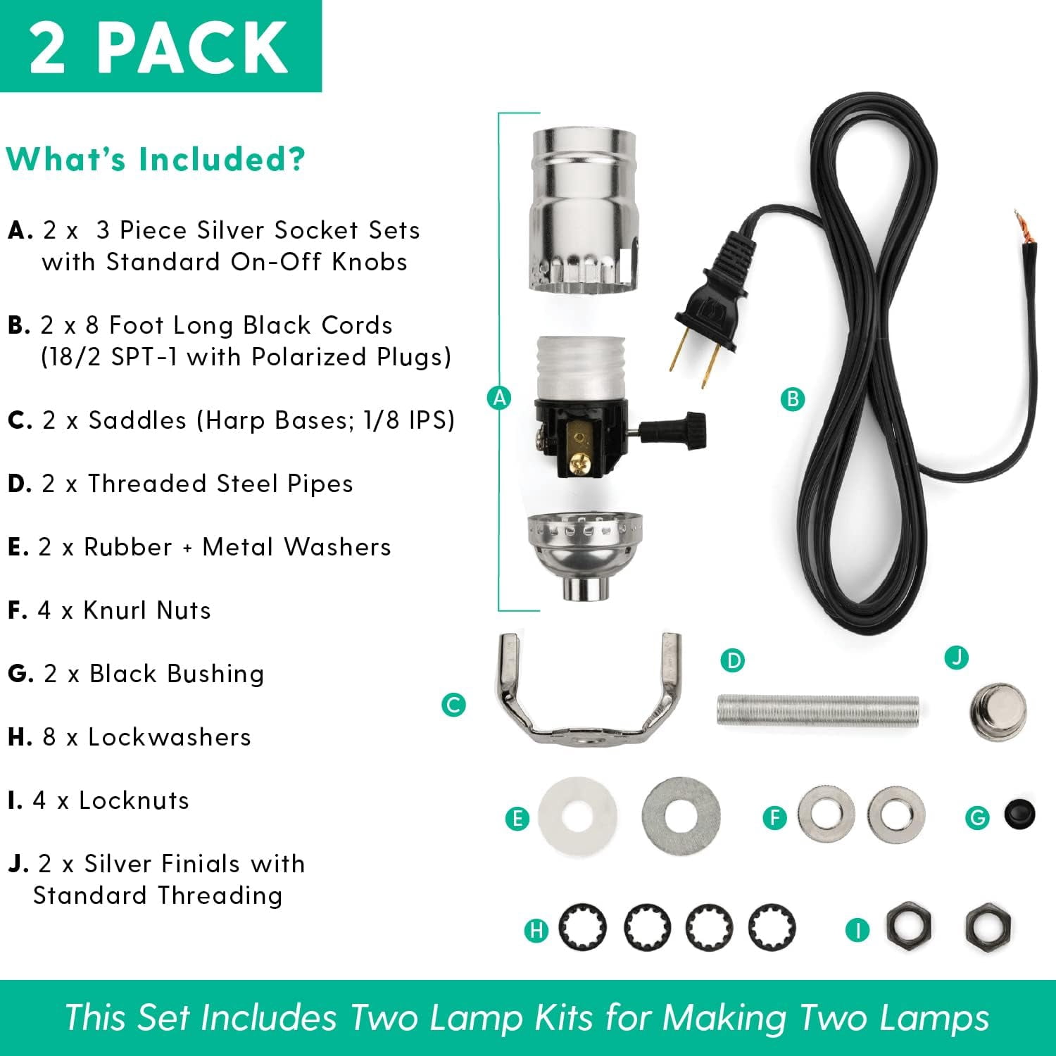 RRDWQ-DIY Lamp Wiring Kit, Silver Socket & 8FT Black Cord (2 Pack), For ...
