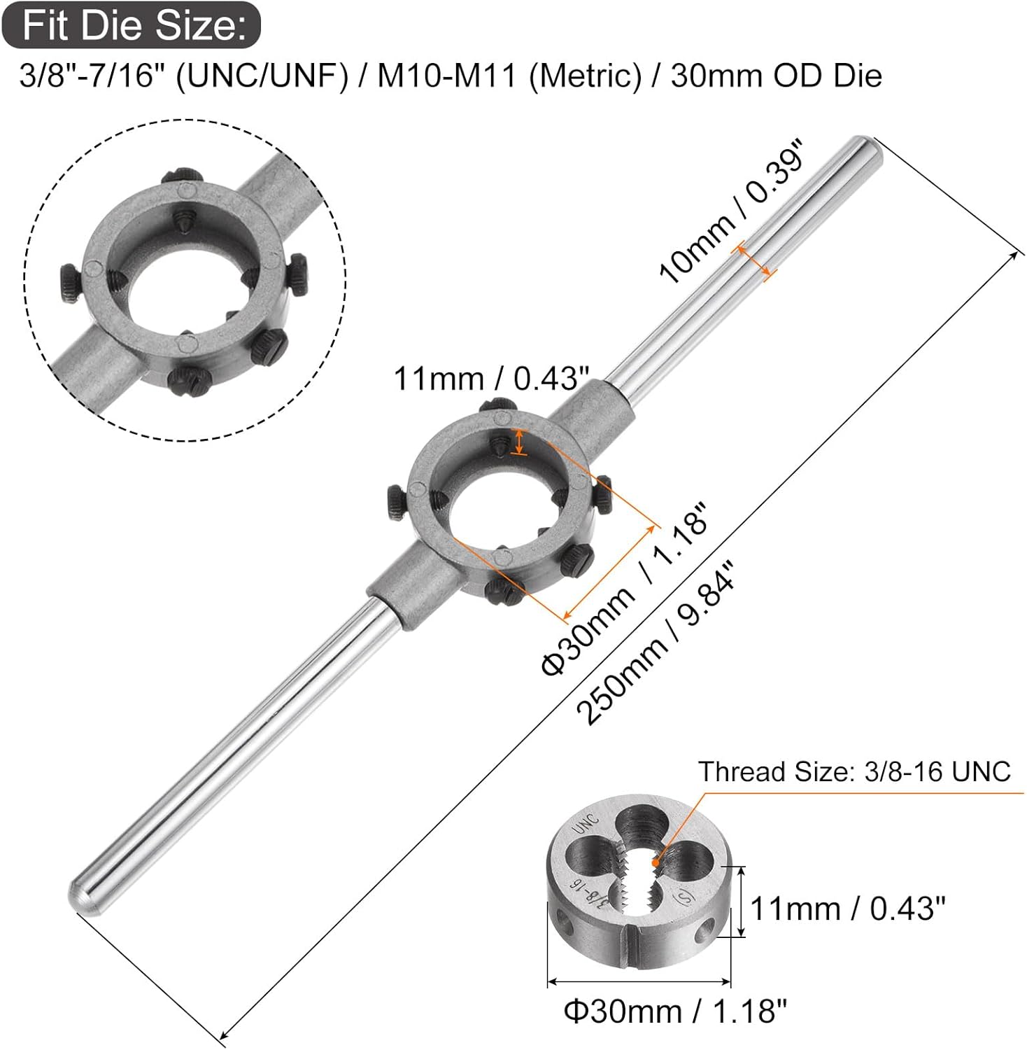 RRDWQ-Die Stock Handle Wrench Set, 3/8-16 UNC Round Die and 30mm Die ...