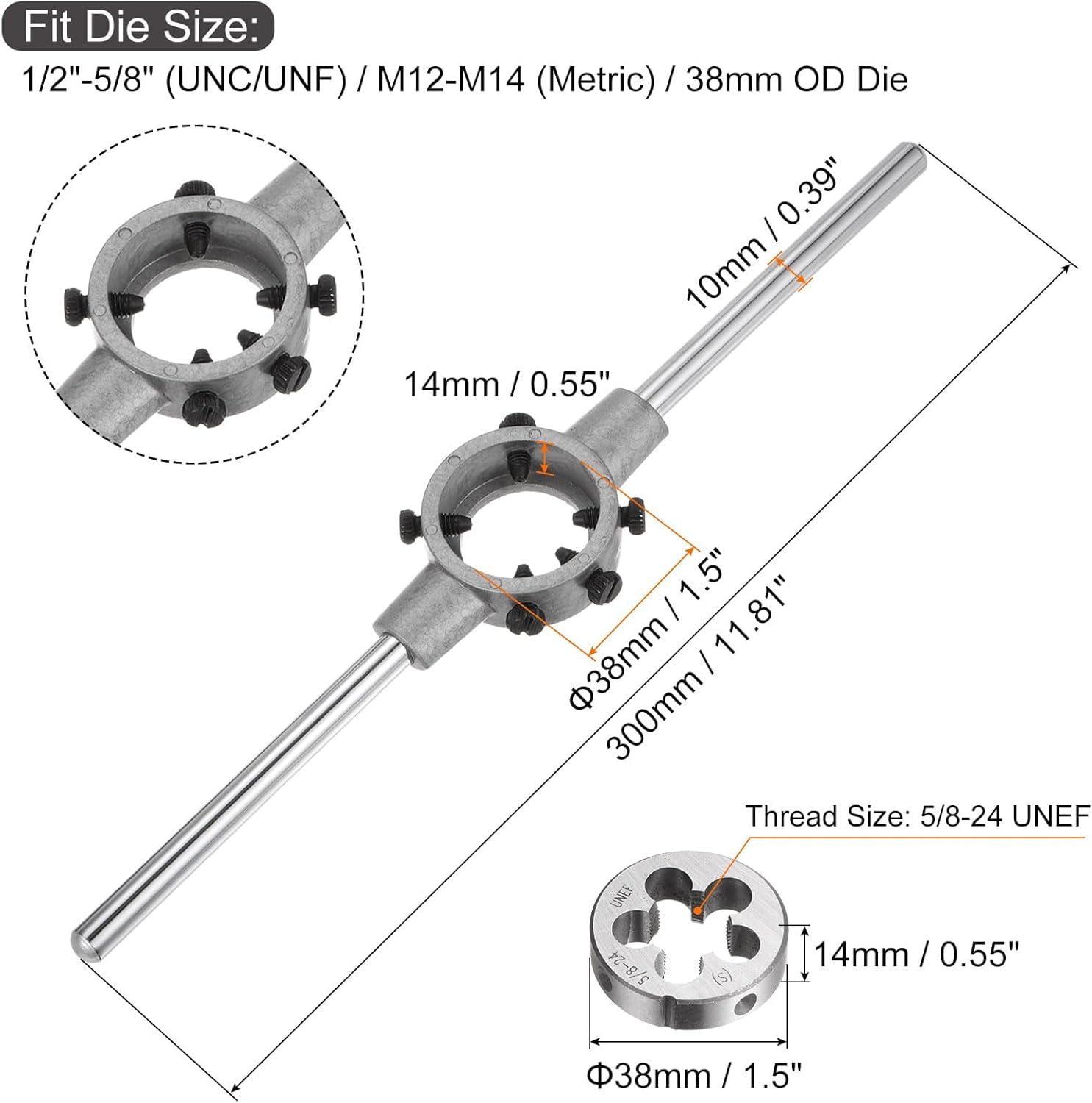 RRDWQ-Die Stock Handle Wrench Set, 5/8-24 UNEF Round Die and 38mm Die ...