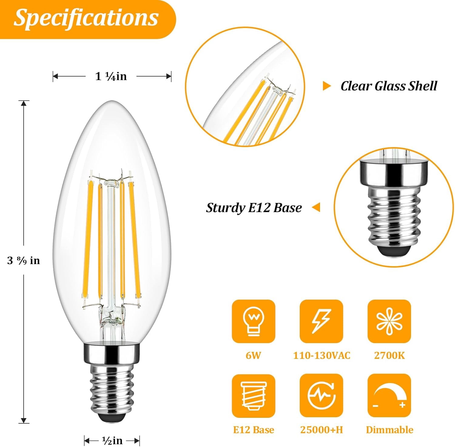 RRDWQ-Dimmable Candelabra E12 LED Light Bulbs 60W Equivalent, 5-Pack ...