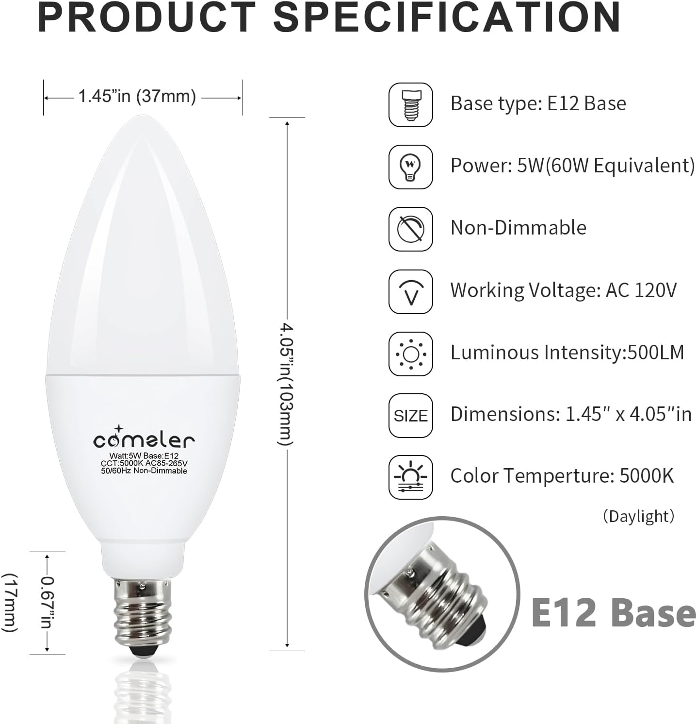 RRDWQ-E12 Ceiling Fan Light Bulbs, LED Candelabra Bulbs, 5 Watt (60 ...