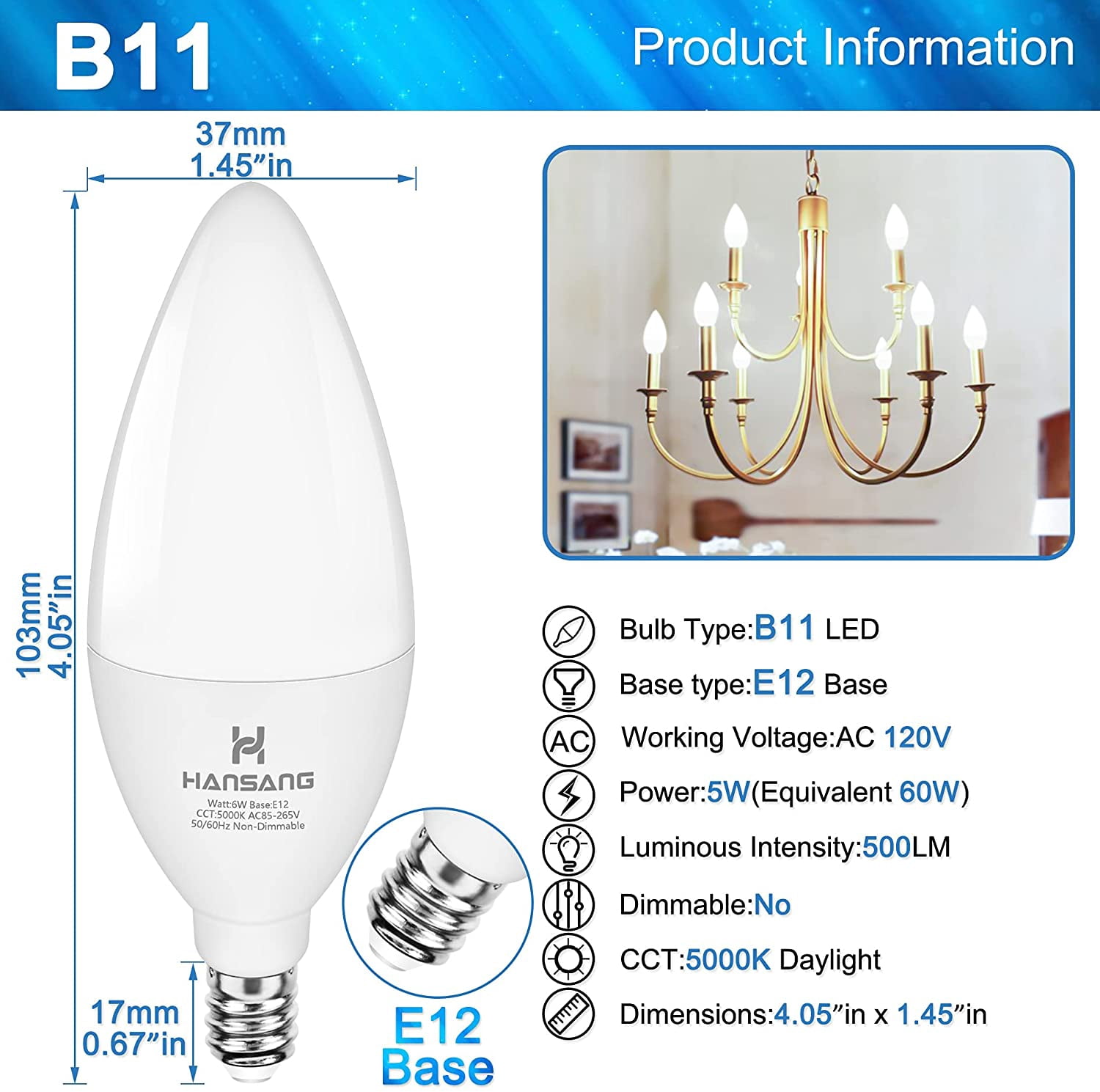 RRDWQ-LED Candelabra Light Bulbs E12 Small Base Daylight 5000K, Hansang ...