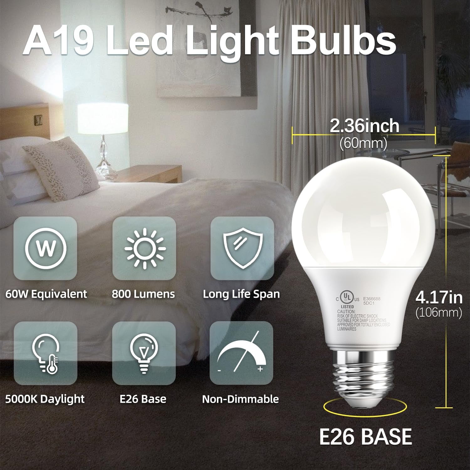 RRDWQ-LED Light Bulbs Daylight 5000K, 60 Watt Equivalent LED Bulb, 9W ...