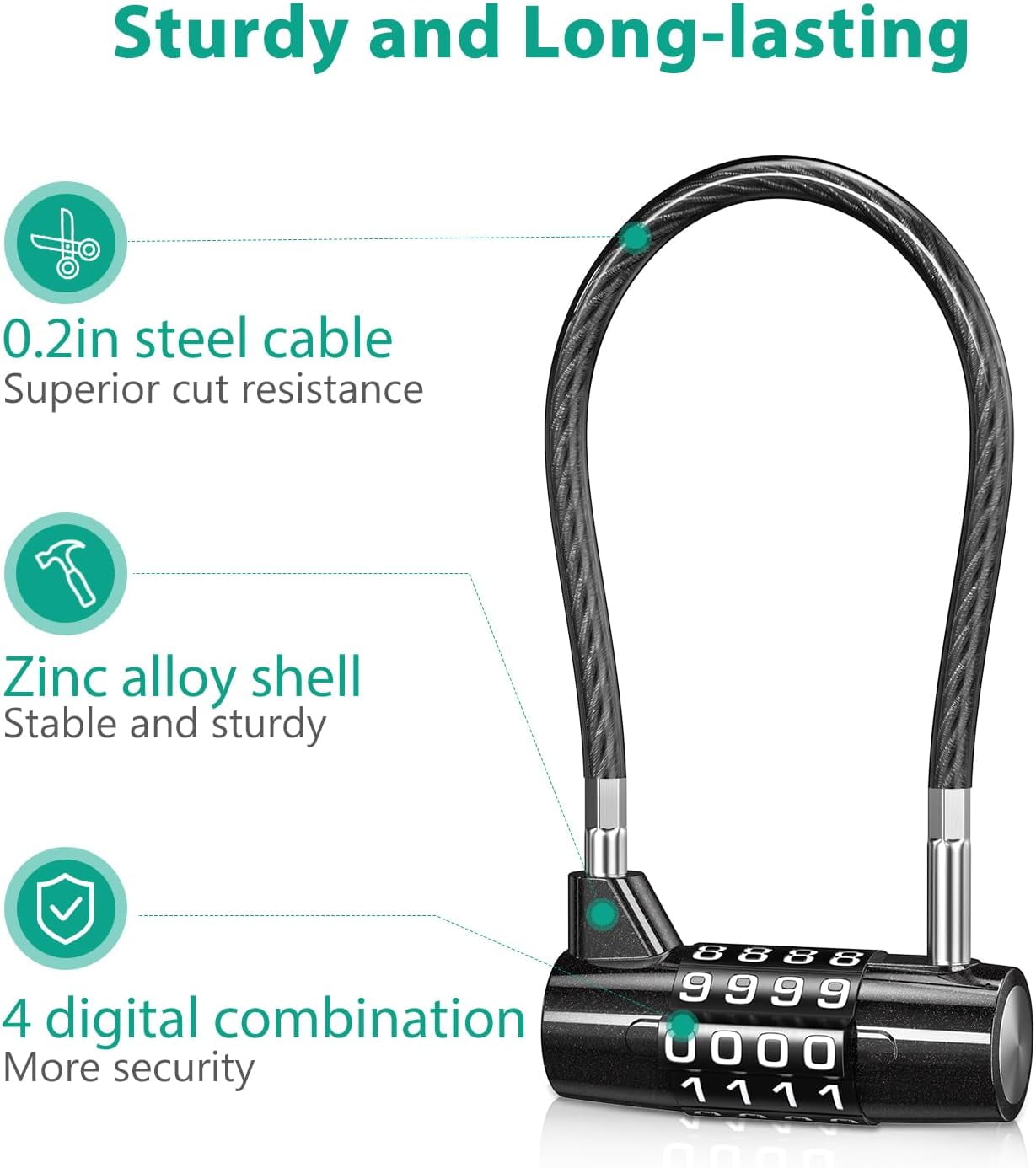 RRDWQ-Long Shackle Combination Padlock, 4 Digit Combination Cable Lock ...