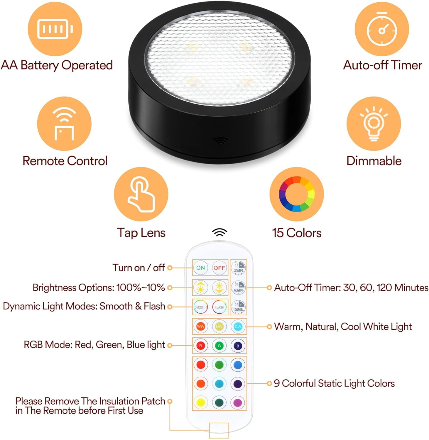 RRDWQ-Puck Lights with Remote Control, Battery Powered Wireless Under ...