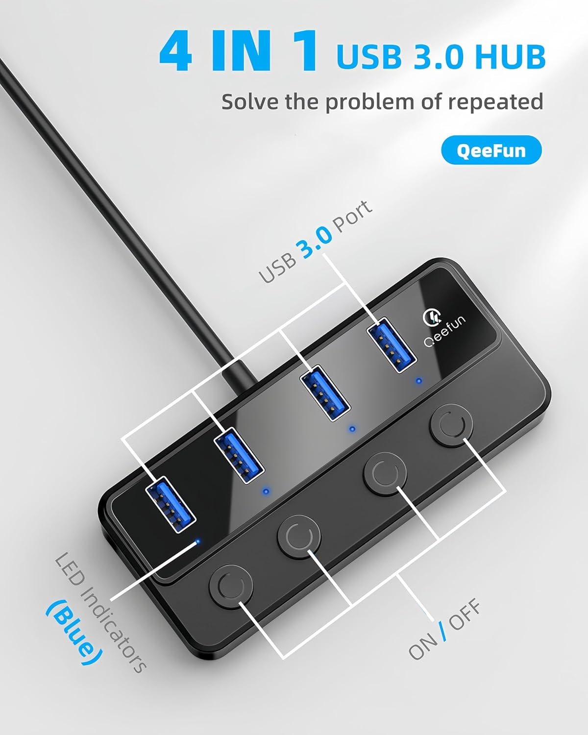 RRDWQ-Qeefun 4-Port USB 3.0 Hub, Individual LED Power Switches ...