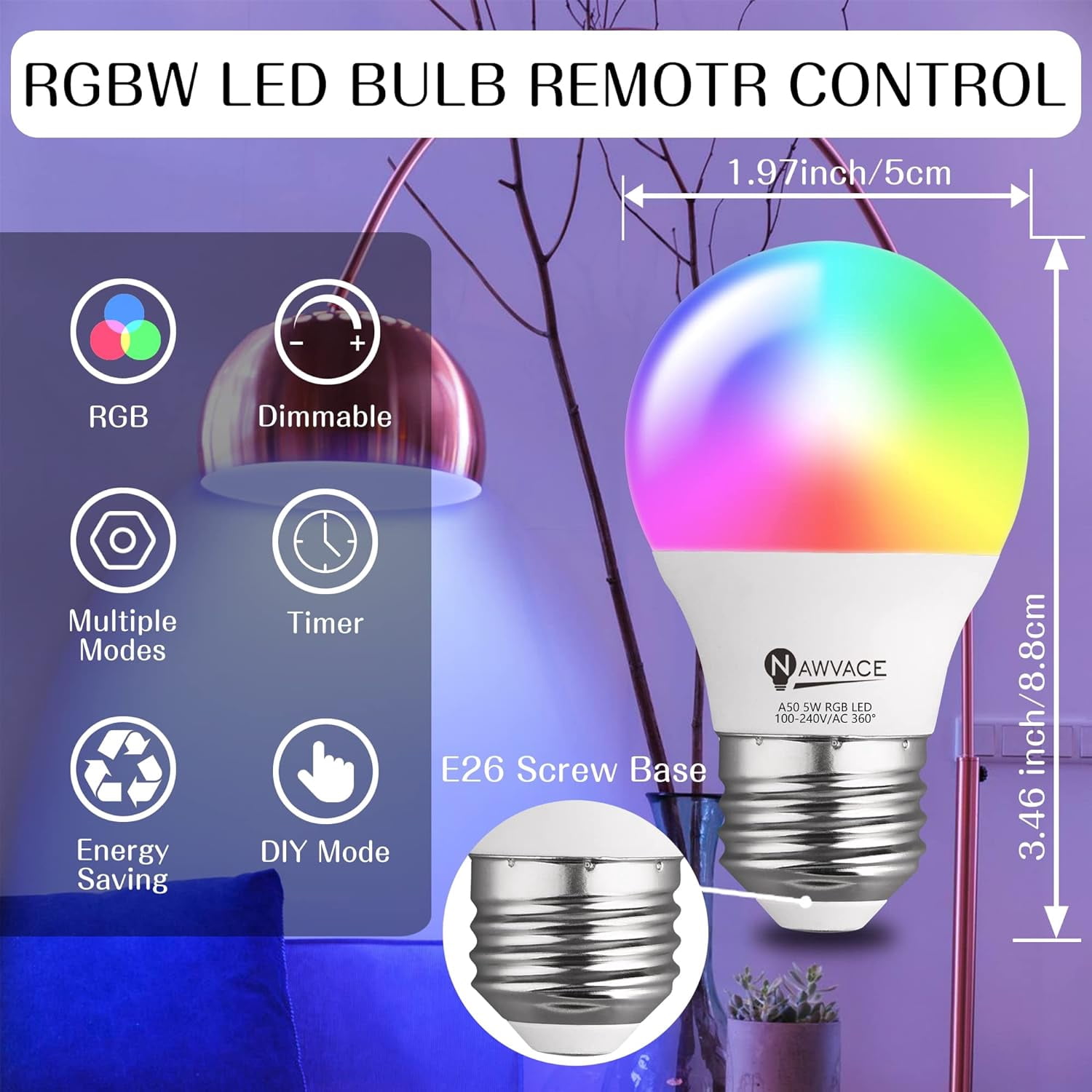 RRDWQ-RGB Color Changing Light Bulb with Remote Control, 5W 40W Colored ...