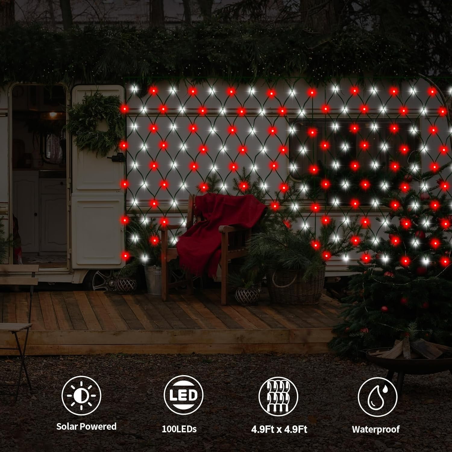 RRDWQ-Red White Solar Powered LED Net Lights 5Ft x 5Ft,100 LEDs ...