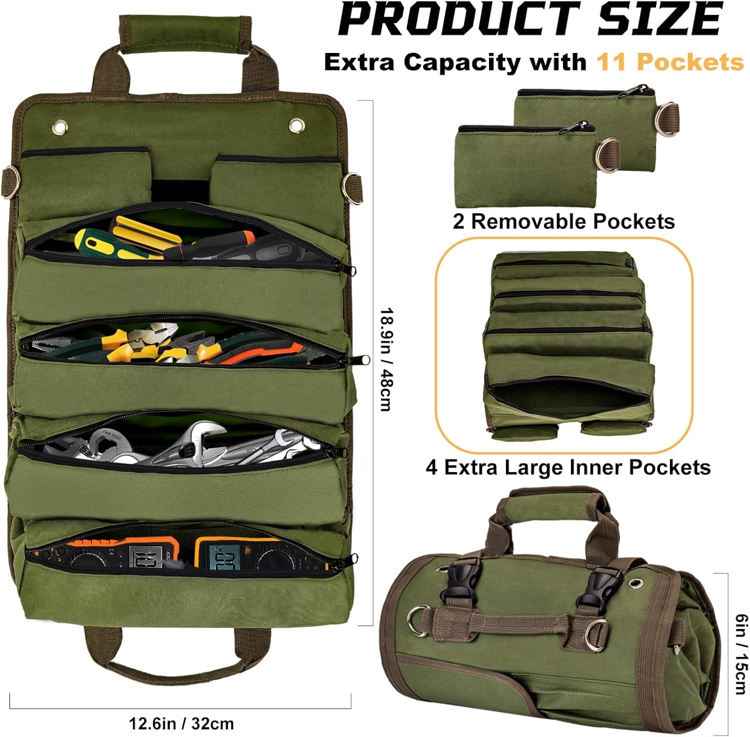 RRDWQ-Roll Up Tool Bag, Compact Durable Tool Organizer with 4 Pouches ...