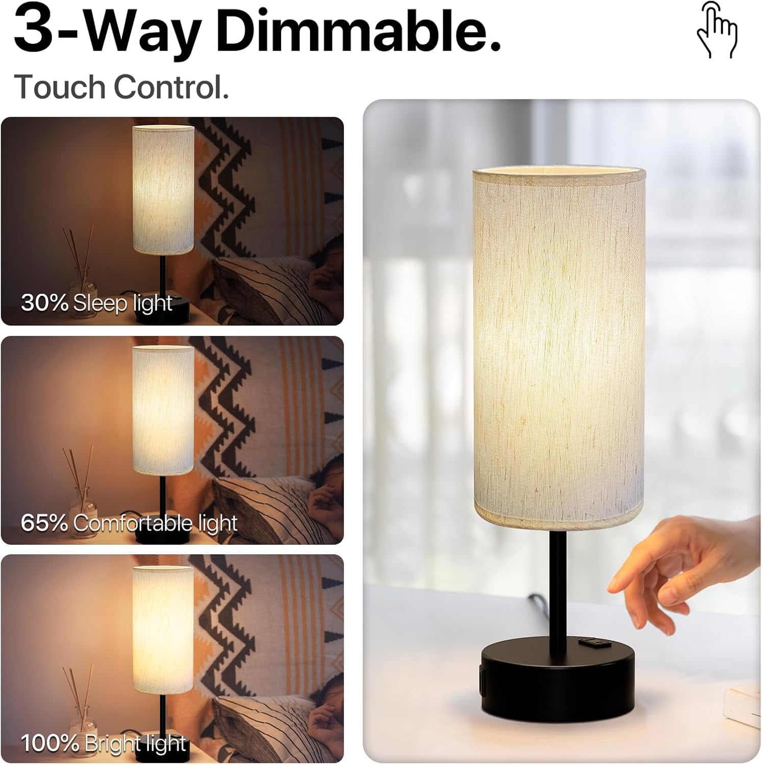 RRDWQ-Small Bedside Lamp Touch Control Table Lamp with USB A+C Charging ...