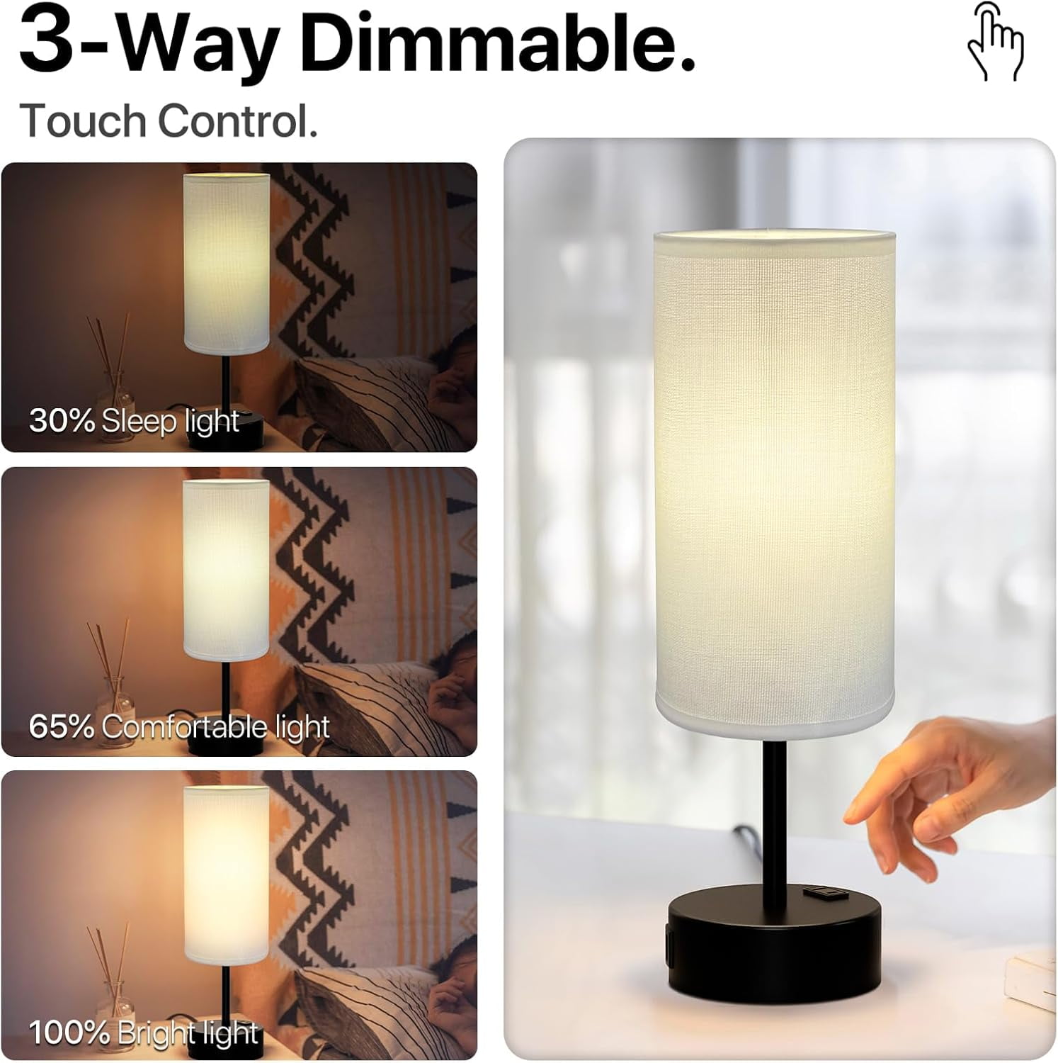 RRDWQ-Small Bedside Lamp Touch Control Table Lamp with USB A+C Charging ...