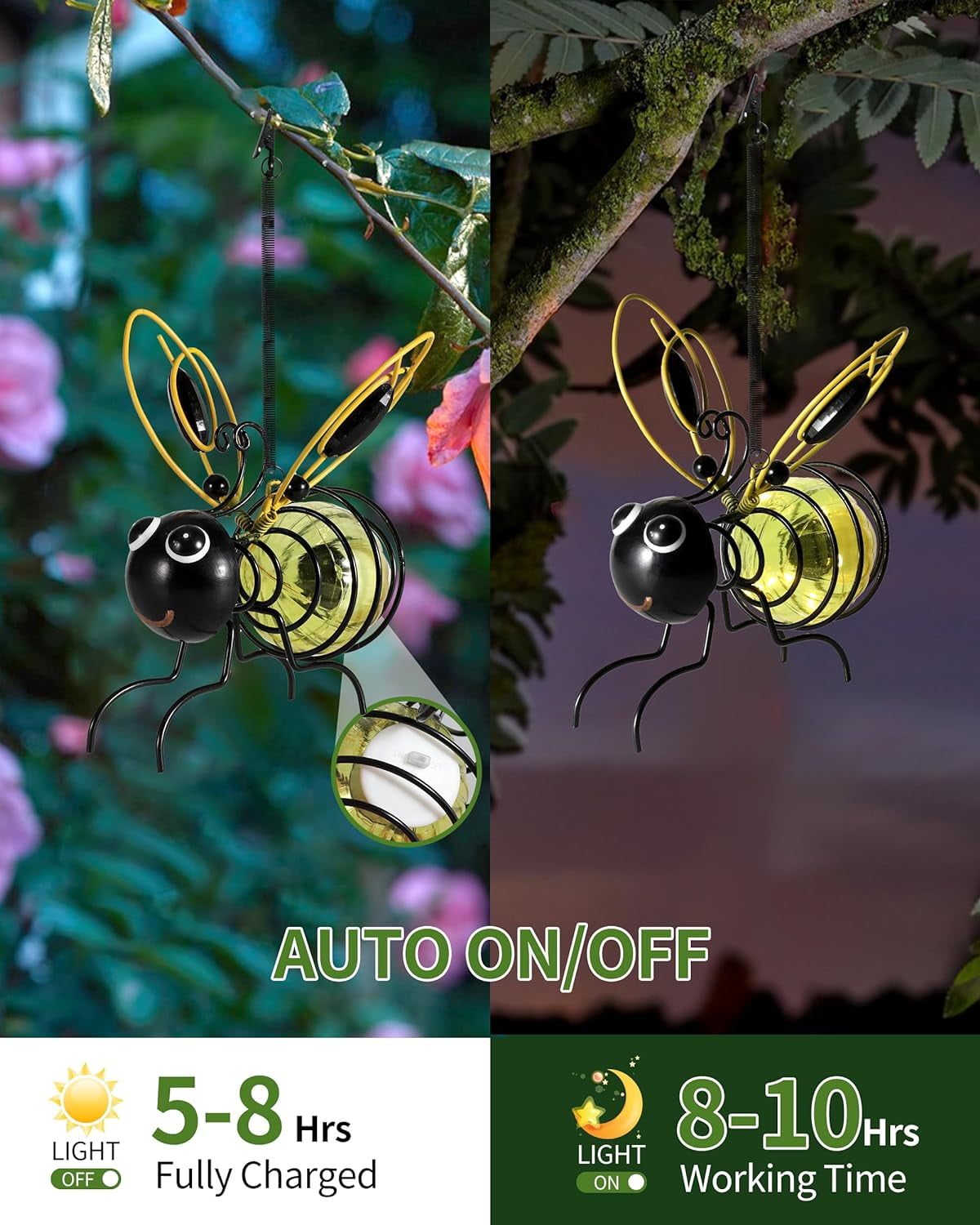 RRDWQ-Solar-Powered Hanging Bee Light - Metal LED Outside Bugs with ...