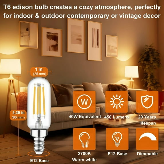 RRDWQ-T25 Light Bulb, 4 Pack Dimmable T6 E12 LED Bulb Clear Glass CRI85 ...