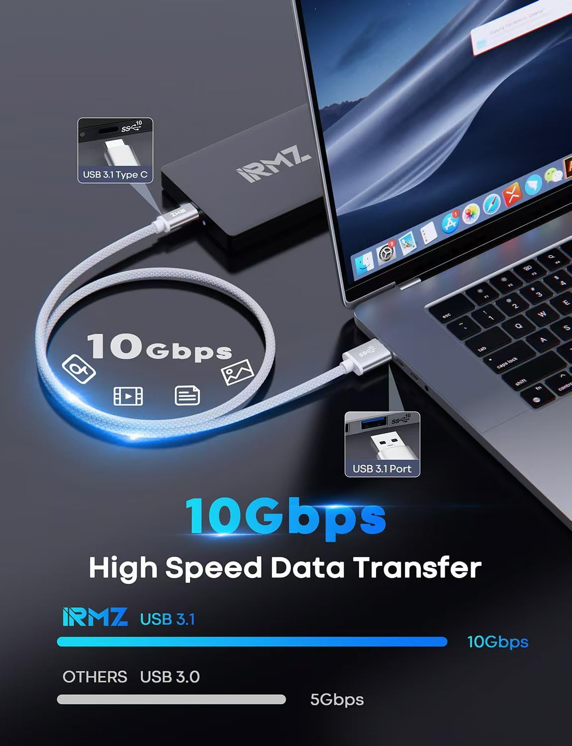 RRDWQ-USB C Data Cable 12ft, Long USB 3.0 to USB C Cable 10Gbps High ...