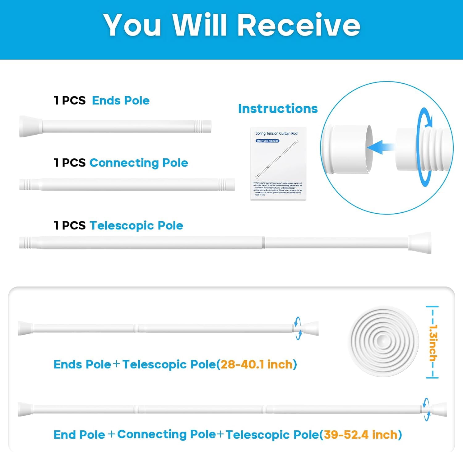 RRDWQ-White Tension Rod for Windows 28 to 48 inch, Adjustable Curtain ...