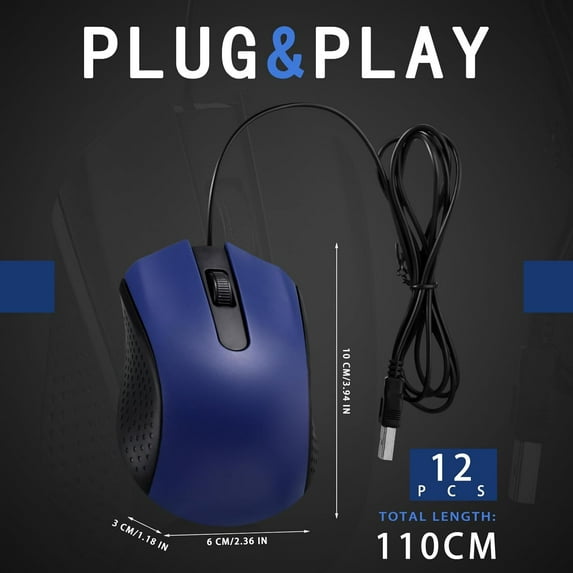 RREGER-12 Pcs Blue Wired Computer Mouse Bulk Cord USB Computer Mice ...
