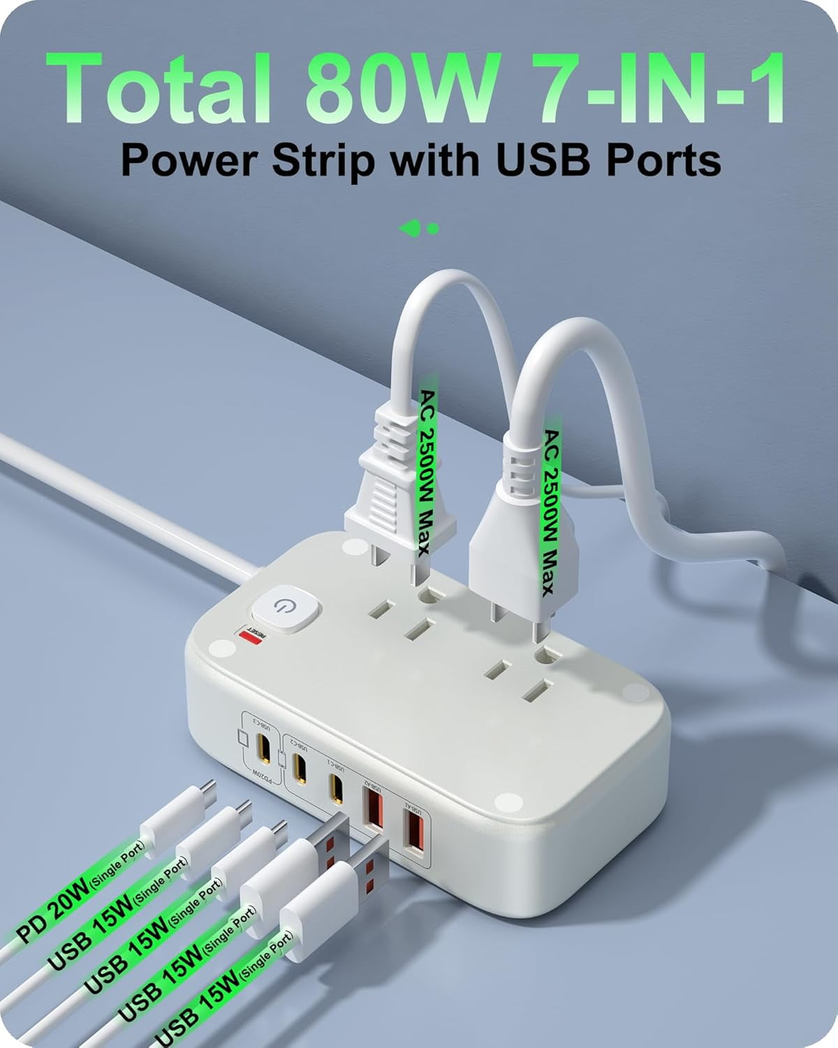 RREGER-5FT Portable USB C Power Strip Surge Protector PD 20W Flat Wall ...