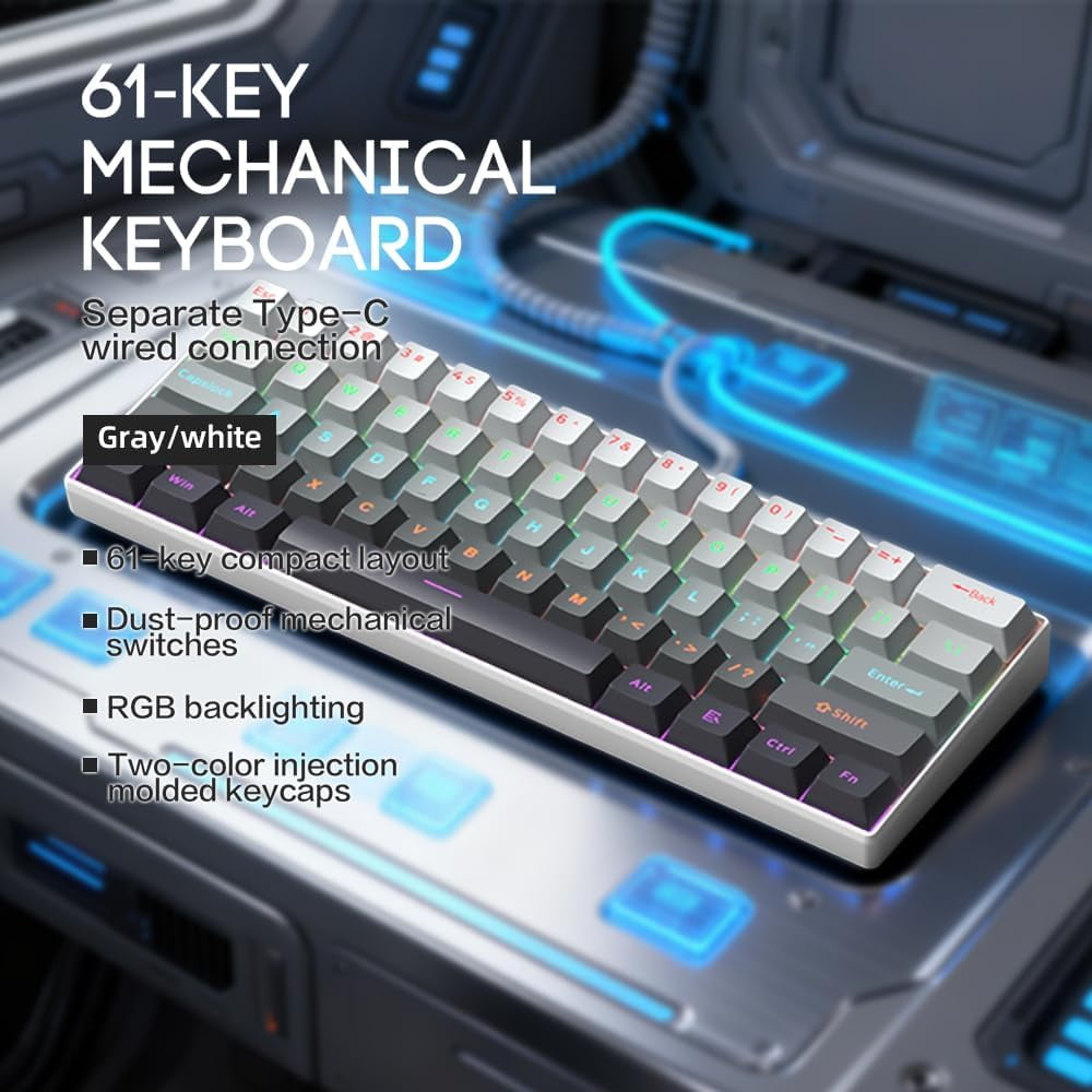 RREGER-60% Wired Mechanical Gaming Keyboard, Mixed Backlit 61 Keys ...