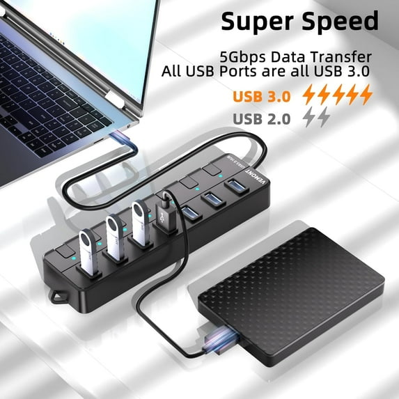 RREGER-7-Port USB 3.0 Hub (Equipped with a 4-Foot Data Cable ...